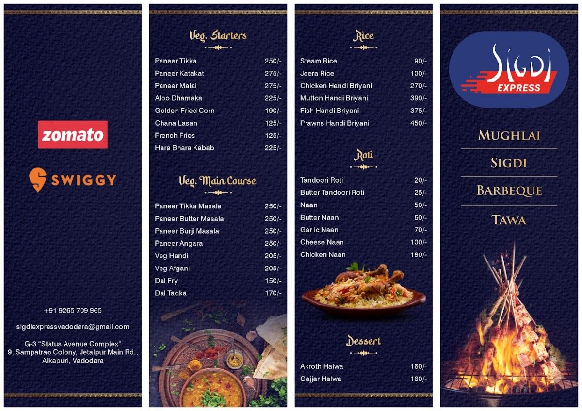 Menu at Sigdi Express, Vadodara, G-234