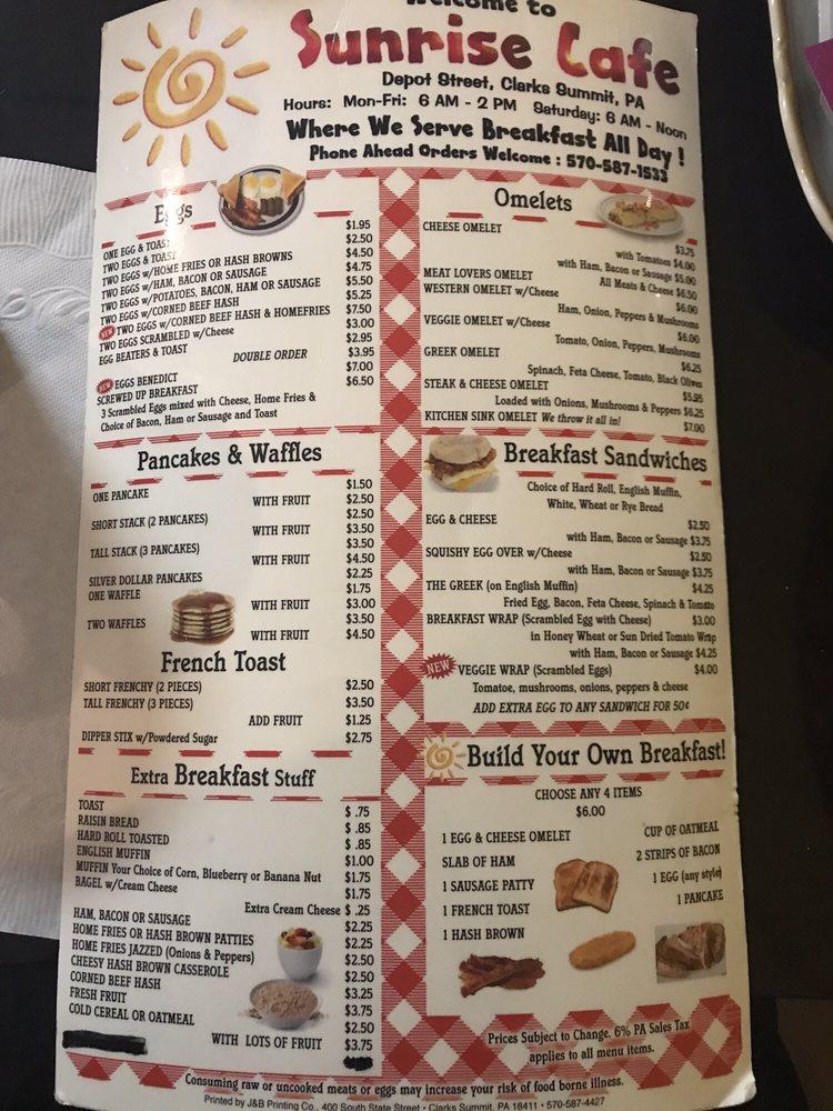 Menu at Sunrise Cafe, Clarks Summit, 212 Depot St
