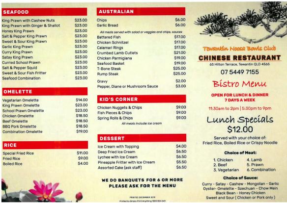 Menu at Noosa Lawns Club, Tewantin
