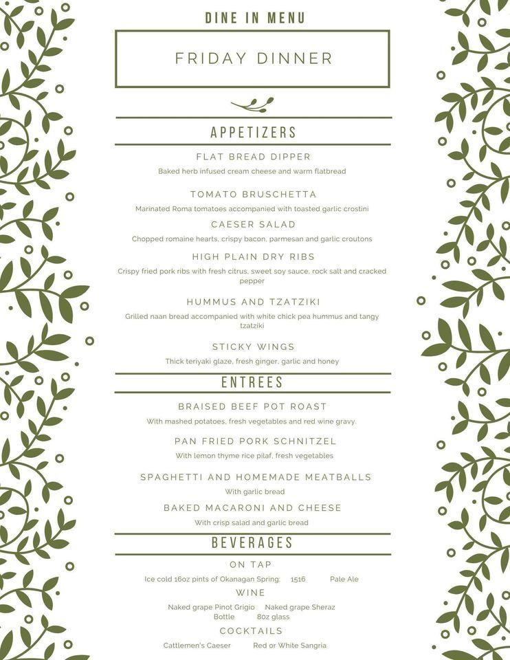 Menu au The Overlander restaurant, Armstrong