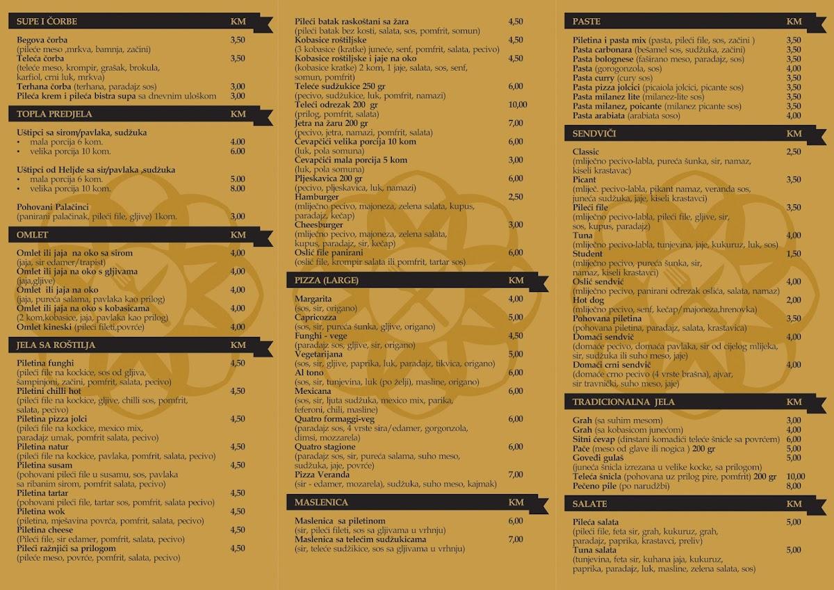 Menu at Veranda restaurant, Sarajevo