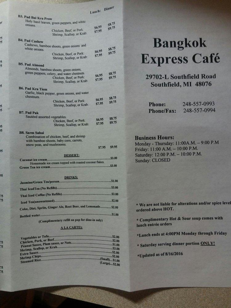 Menu at Bangkok Express Cafe, Southfield