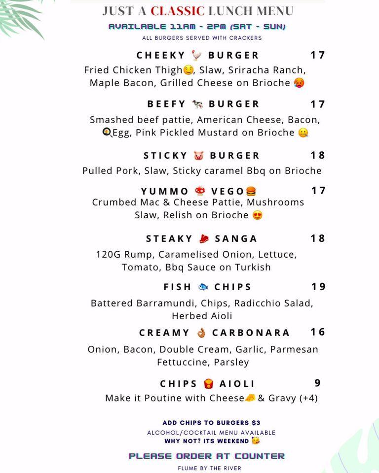 Menu at Flume By The River restaurant, Maroochydore