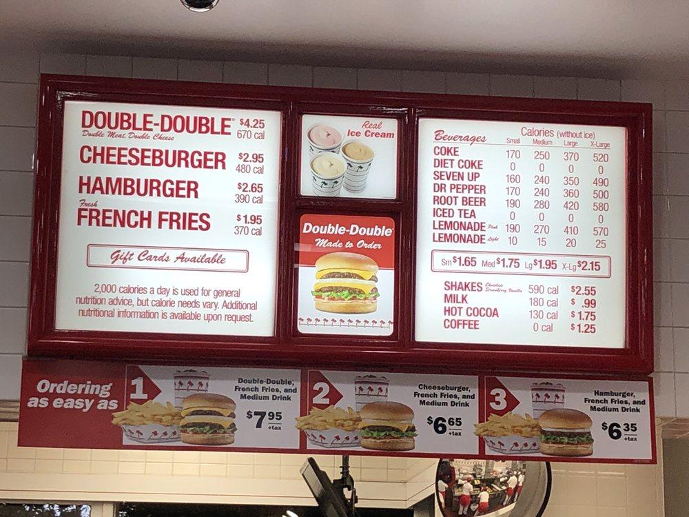 Menu at In-N-Out Burger fast food, Merced