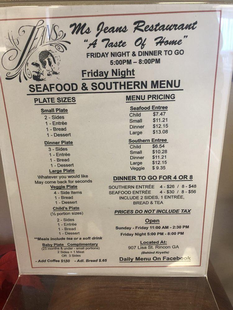 Menu at Ms. Jean's Restaurant, Rincon, 907 Lisa St