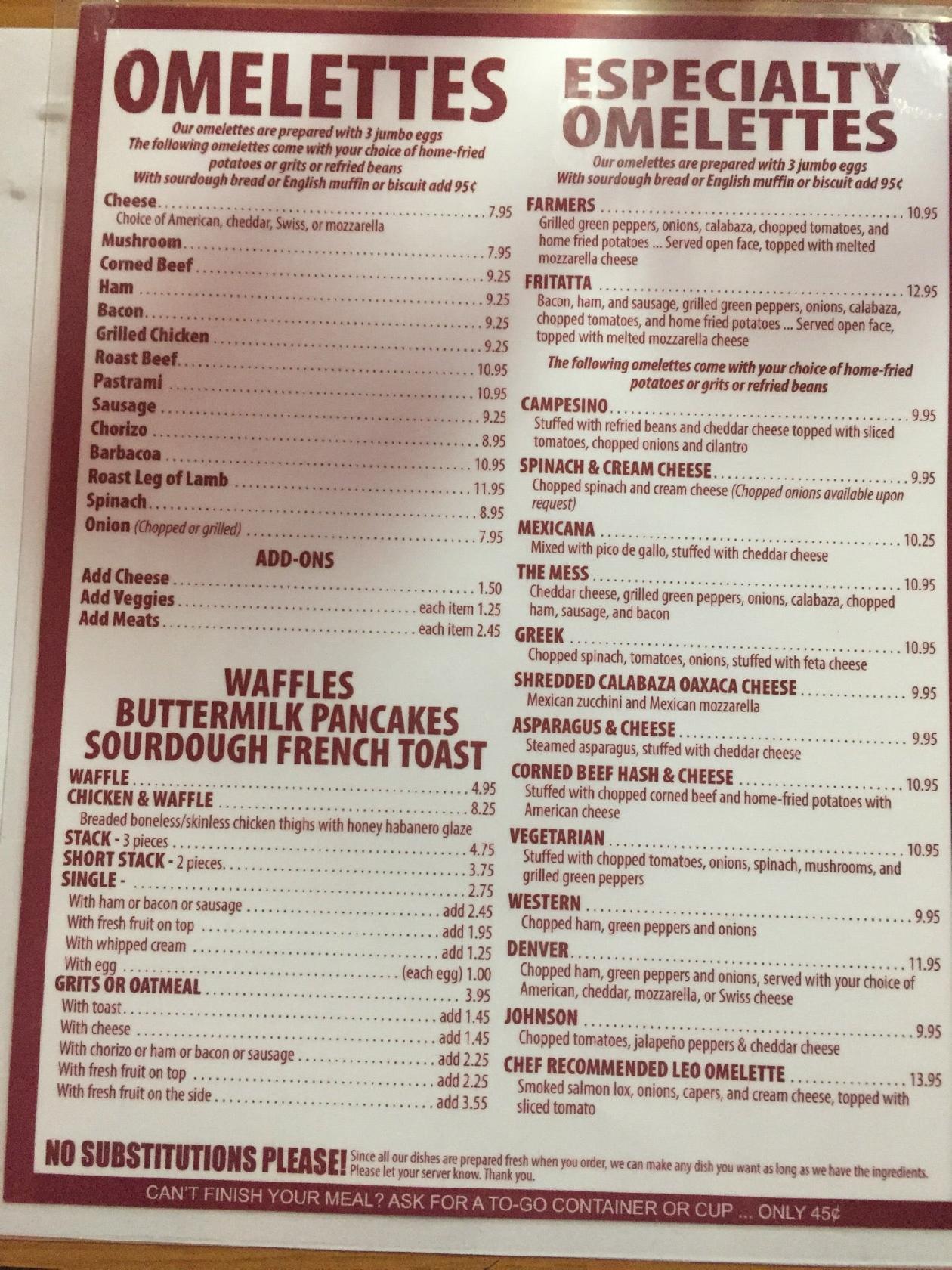 Menu at Panchos & Gringos cafe, San Antonio