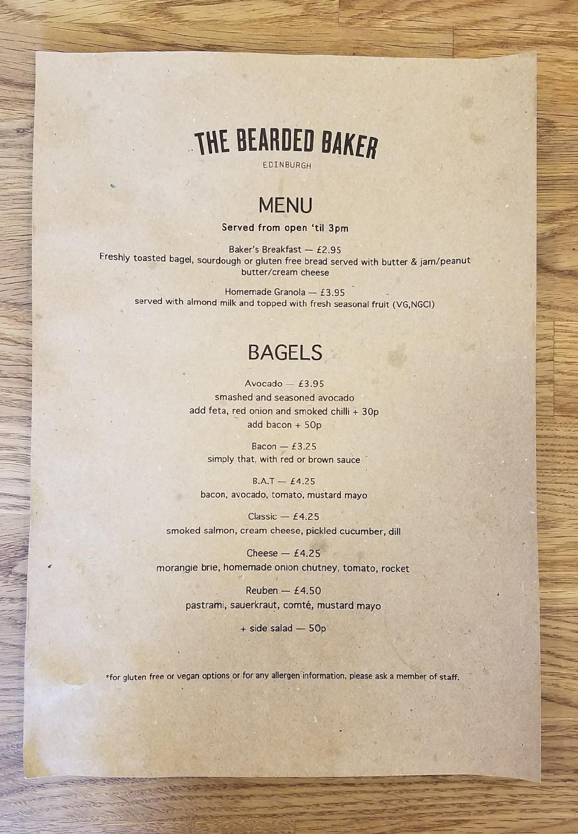 Menu at The Bearded Baker cafe, Edinburgh