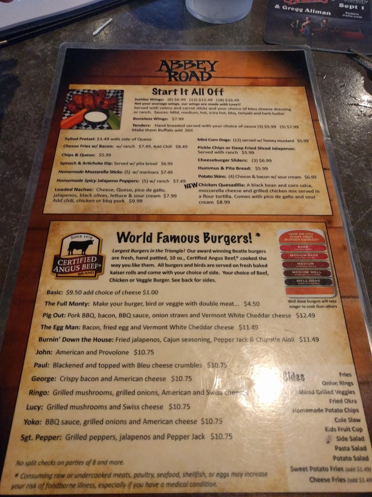 Menu at Abbey Road Tavern & Grill pub & bar, Cary