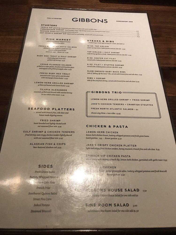 Menu at Gibbons Fine Grill restaurant, Shreveport