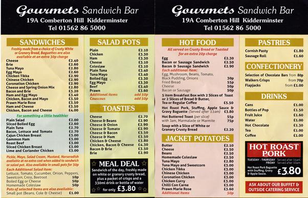 Menu at Gourmets catering fast food, Kidderminster