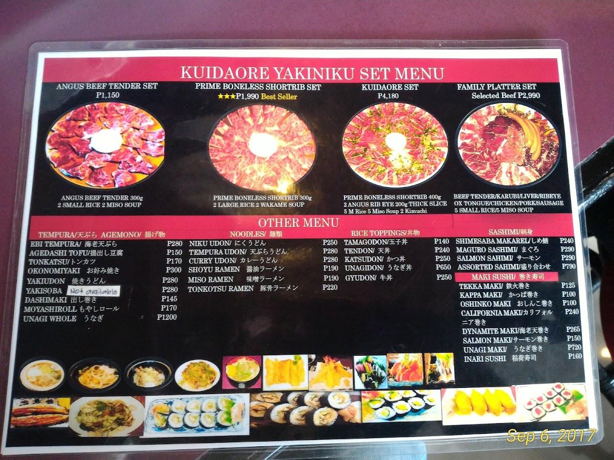 Menu at KUIDAORE YAKINIKU RESTAURANT, Bacolod, Paseo Verde 1J BacolodCity