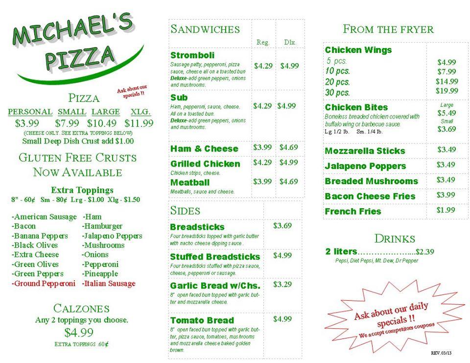 Michael's pizza menu store