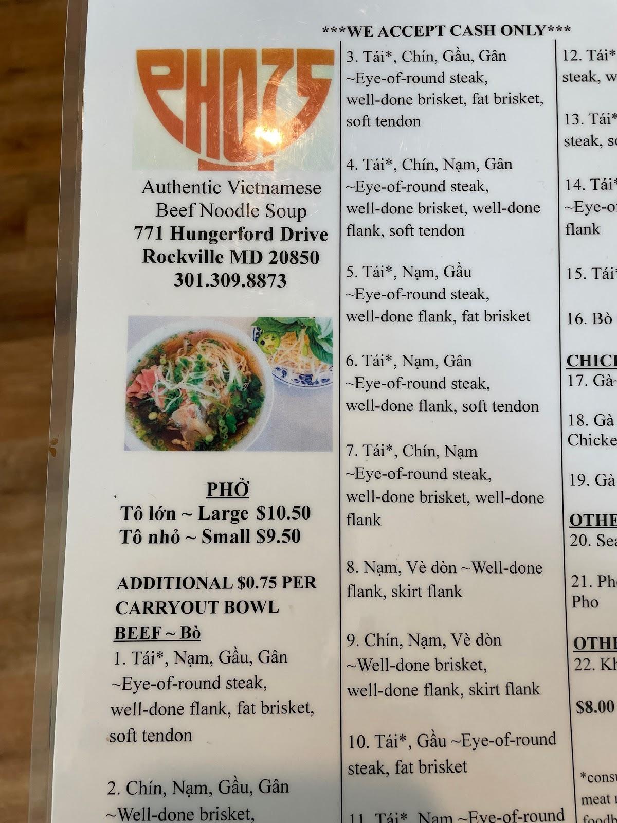 Menu at Pho 75 restaurant, Rockville
