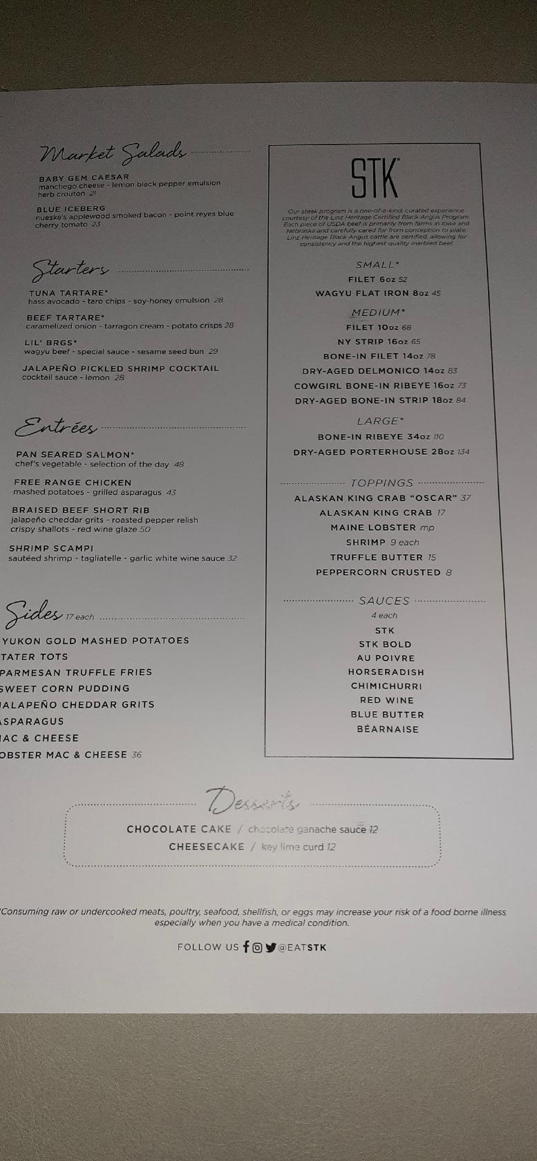 Menu at STK Steakhouse, Las Vegas, Las Vegas Blvd S