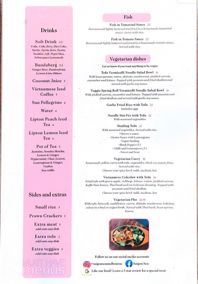 Menu at Saigon Sen restaurant, Albert Park