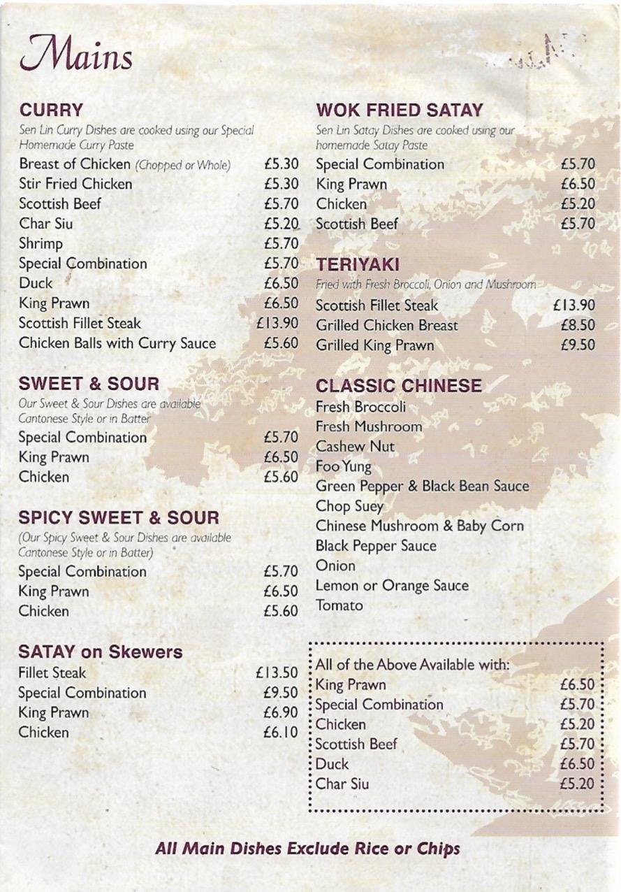 Menu at Sen Lin fast food, Carluke