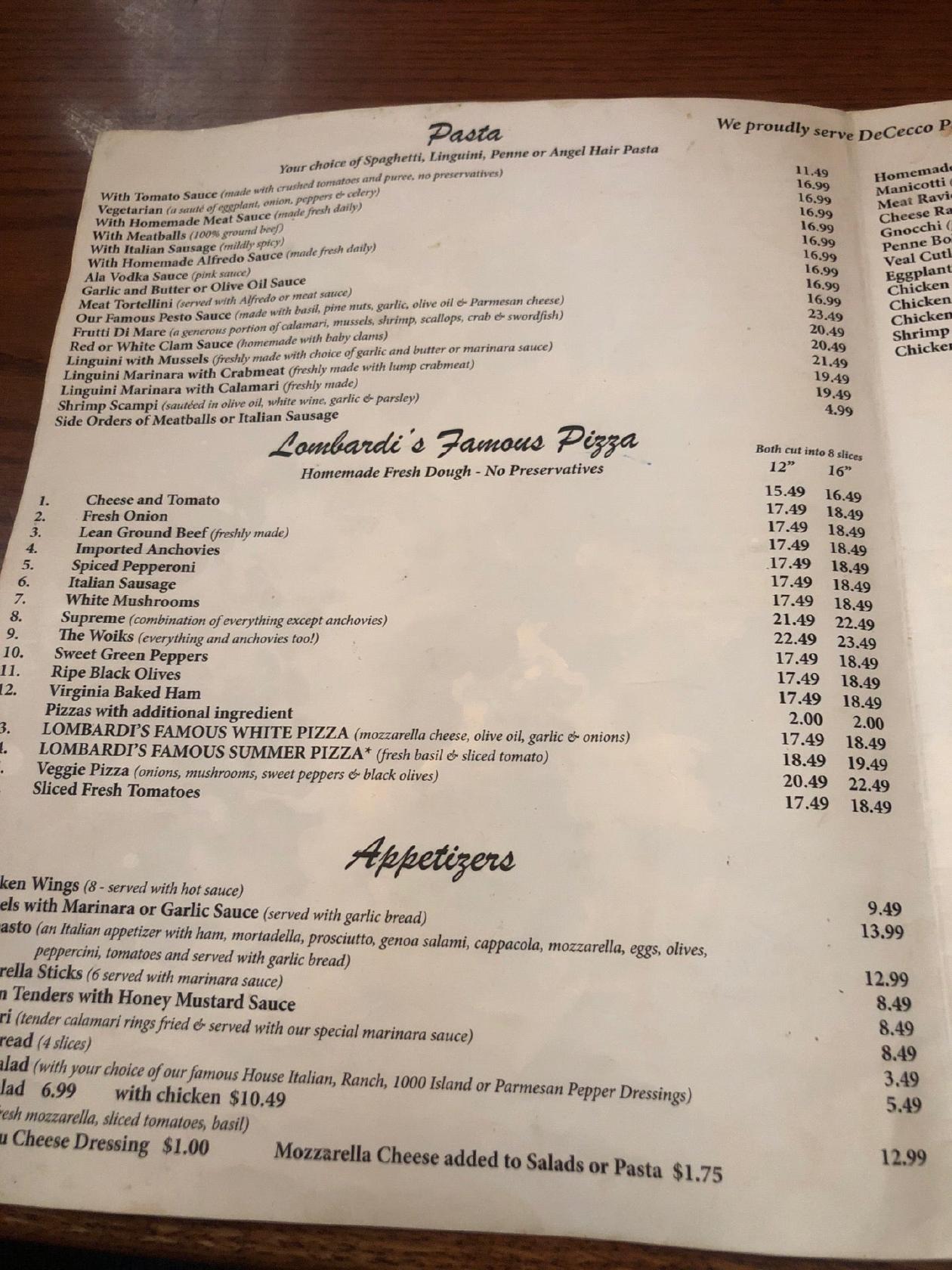 Menu at Trattoria Lombardi's Restaurant, Ocean City