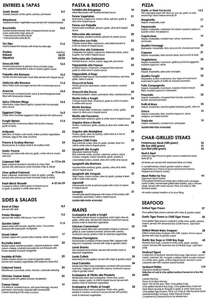 Menu at VR restaurant, Carlton