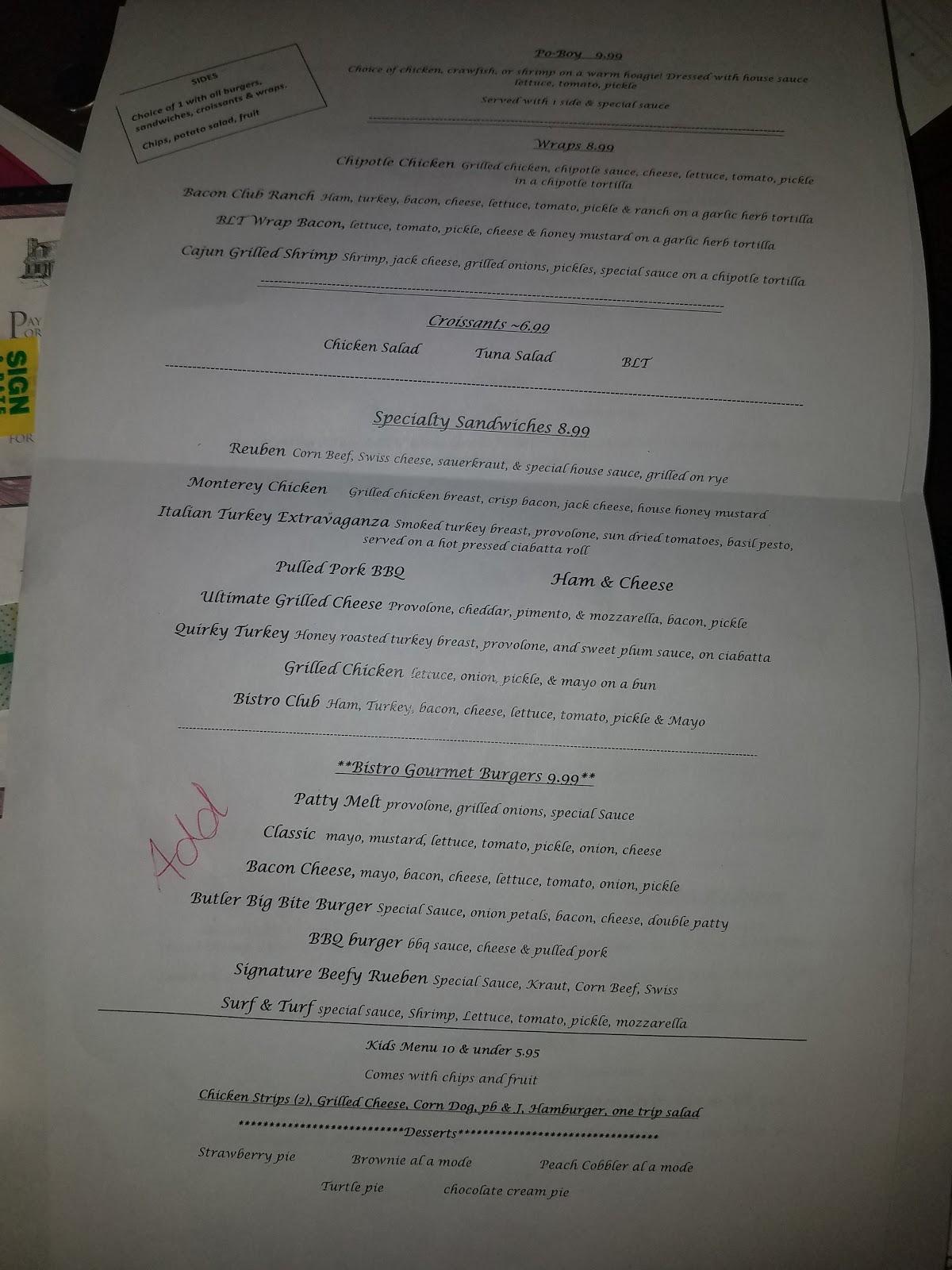 Menu at Butler House Bistro restaurant, Springhill