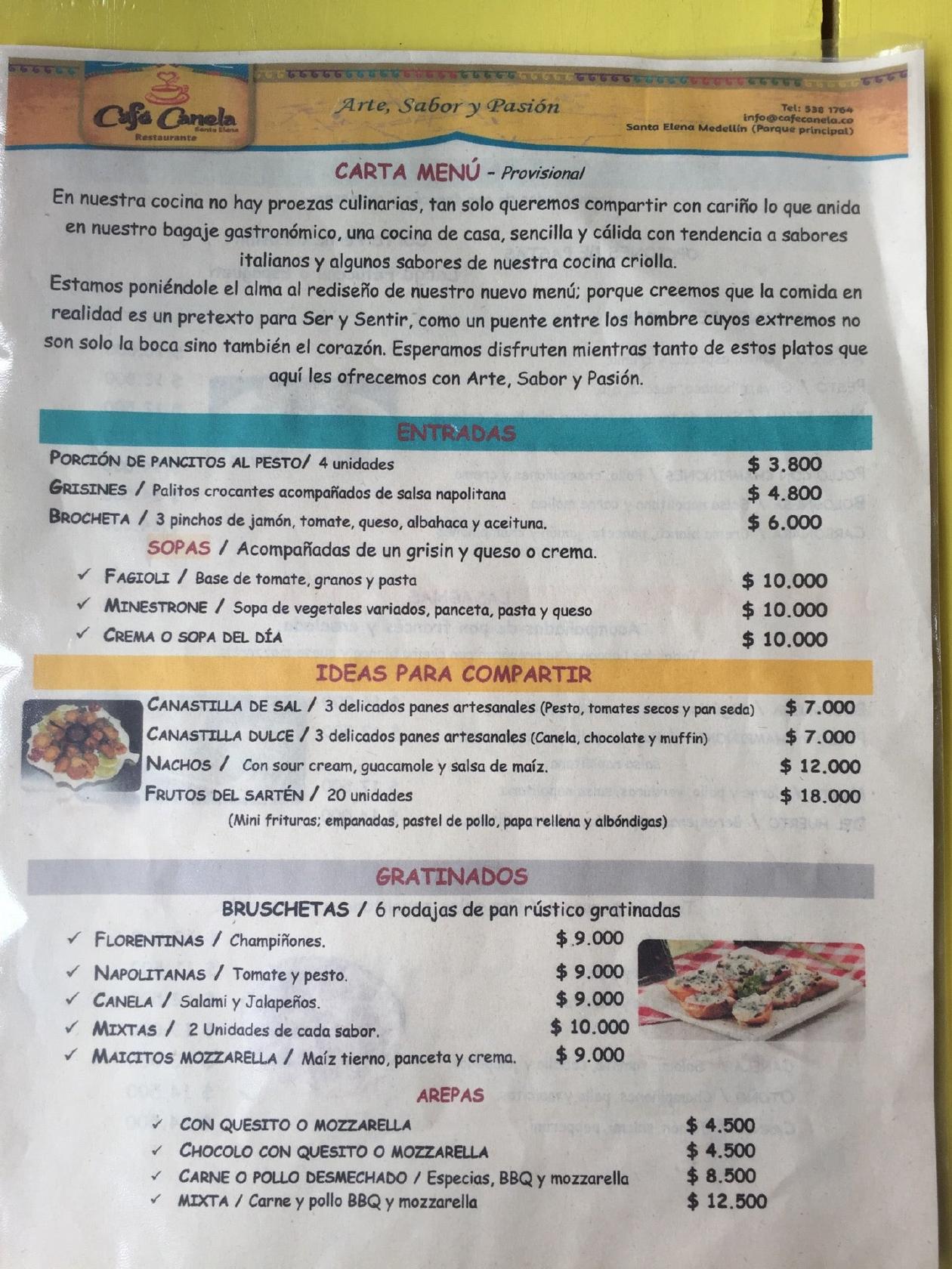 Menu at Canela pub & bar, Santa Elena