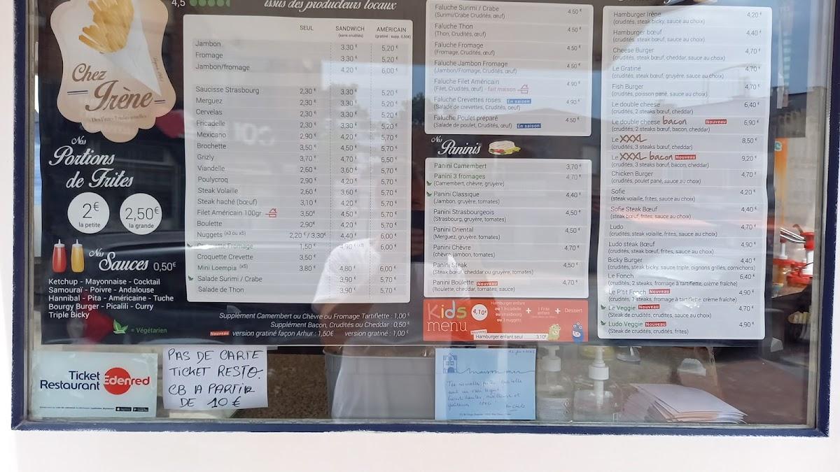 Menu au Chez Irène fast food, Bray-Dunes