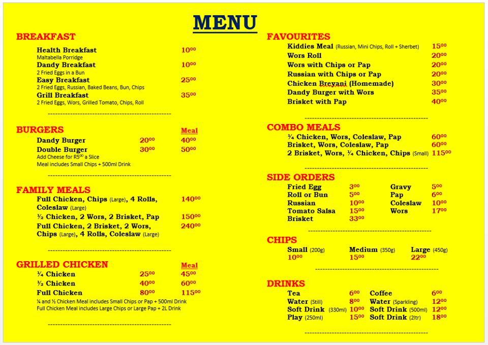 Menu at Dandy Diner restaurant, Pinetown