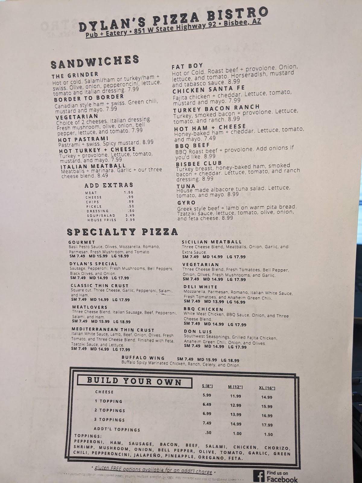 Menu at Dylan's Pizza Bistro pizzeria, Bisbee, W