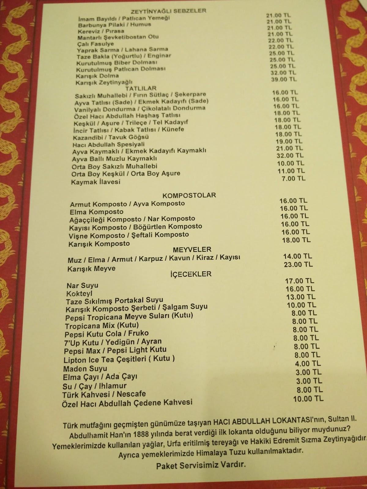Menu at Hacı Abdullah Lokantası, Istanbul, Atif Yilmaz Sok. No:9/A