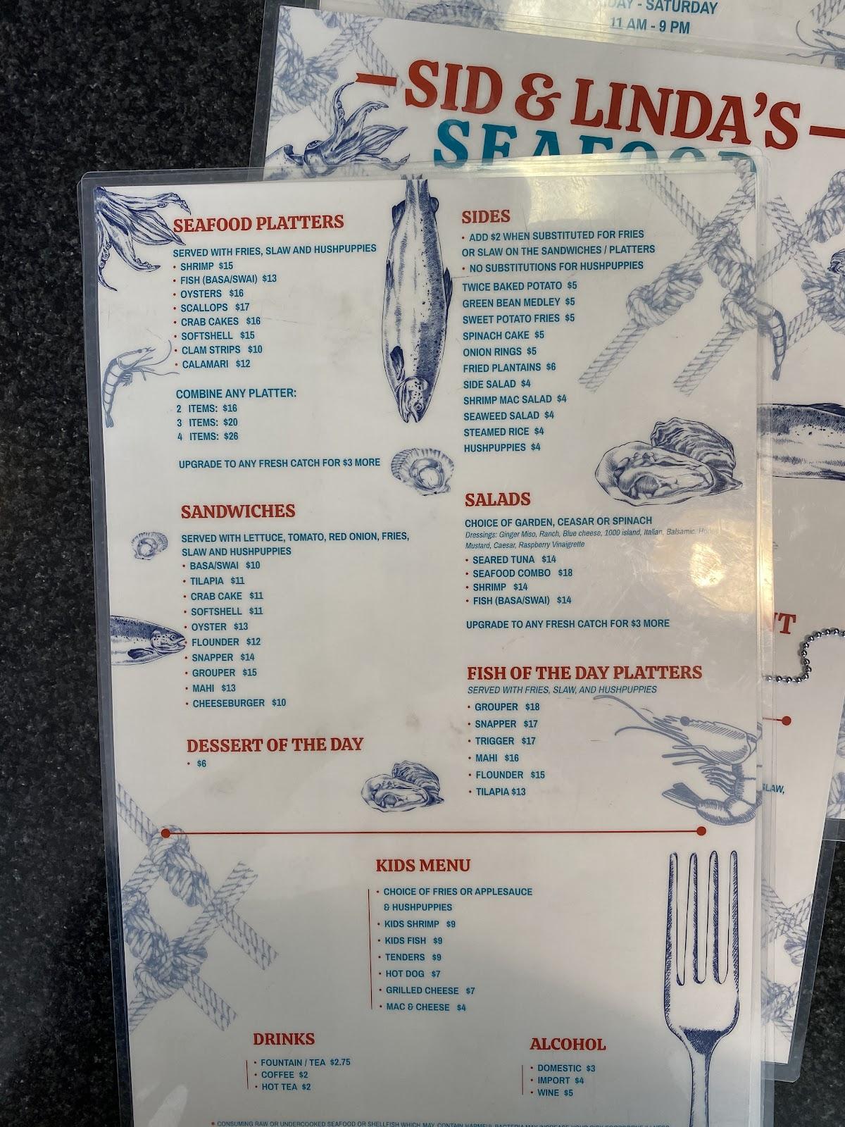 Menu at Sid & Linda's Seafood Market restaurant, Jacksonville