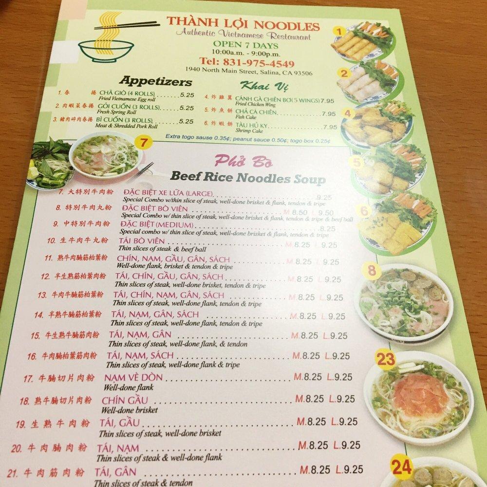 Menu at Thanh Loi Noodles restaurant, Salinas