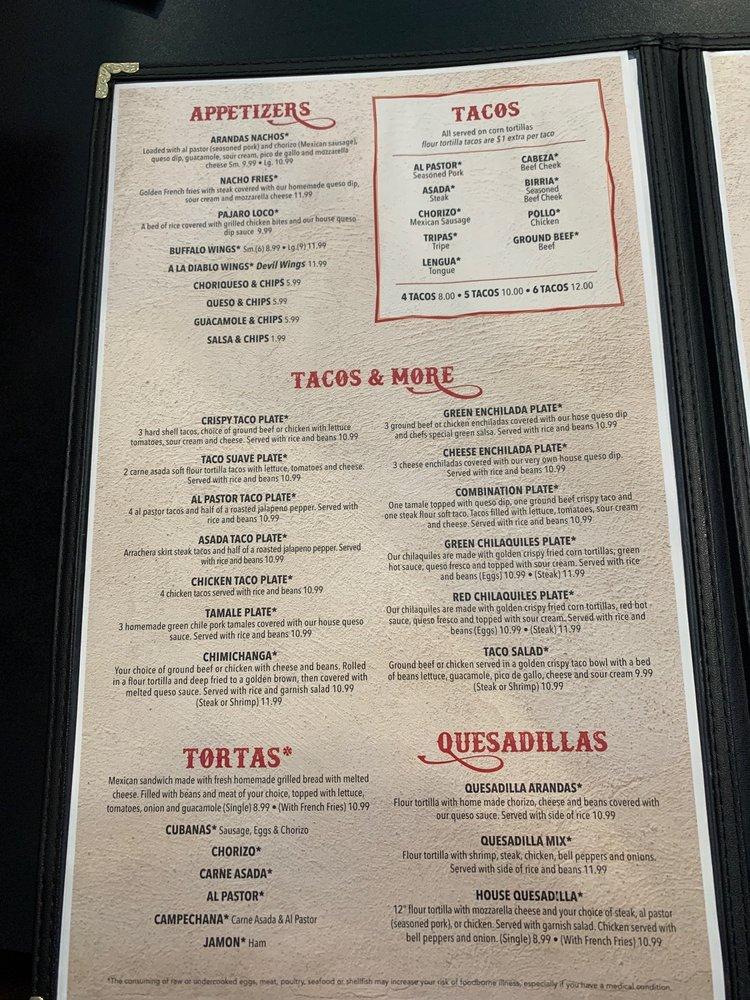 Menu at Arandas Tacos restaurant, Branson
