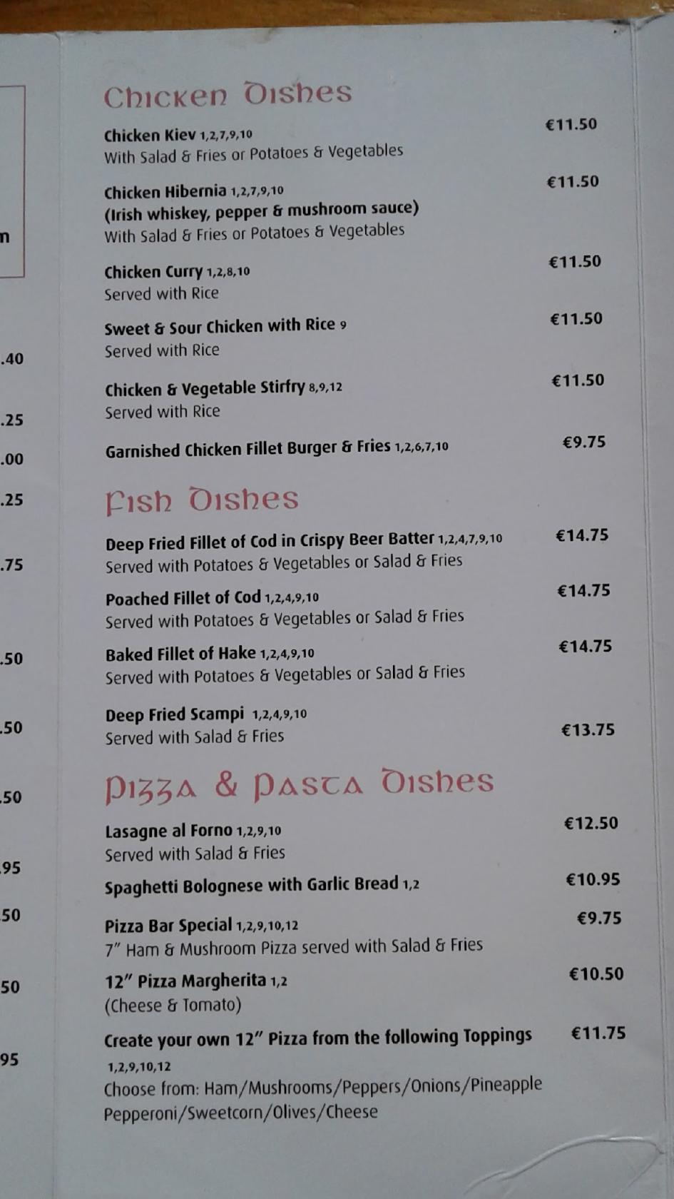 Menu at Bunkers Bar and Restaurant, Killorglin