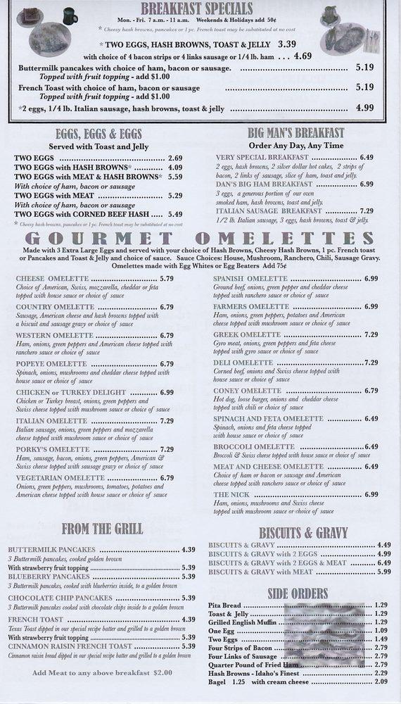 Menu at Dan's Diner restaurant, Warren