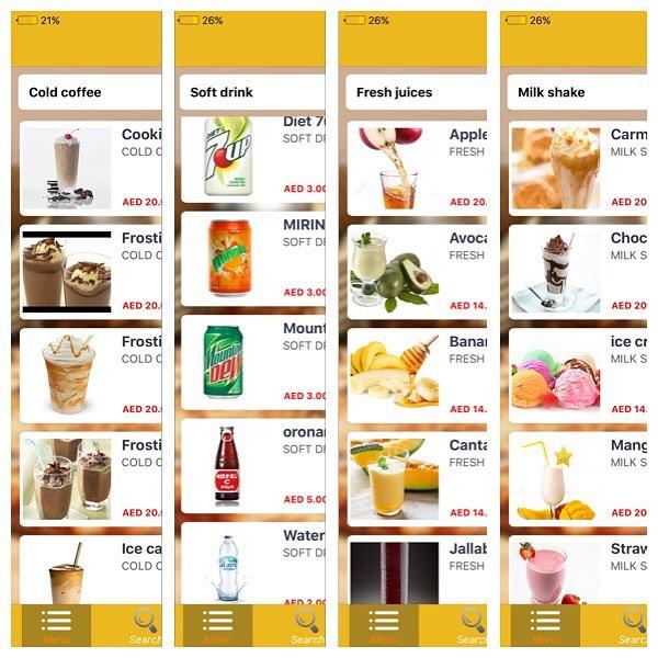 Menu at Emirates Krispy food restaurant and a coffee, UAE