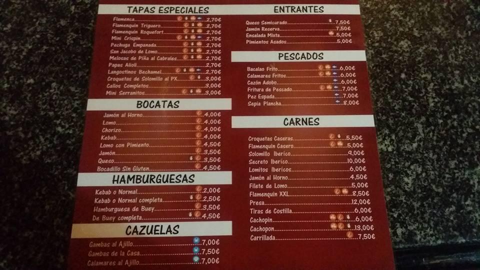 Carta del pub y bar La Ronda, Doña Mencía