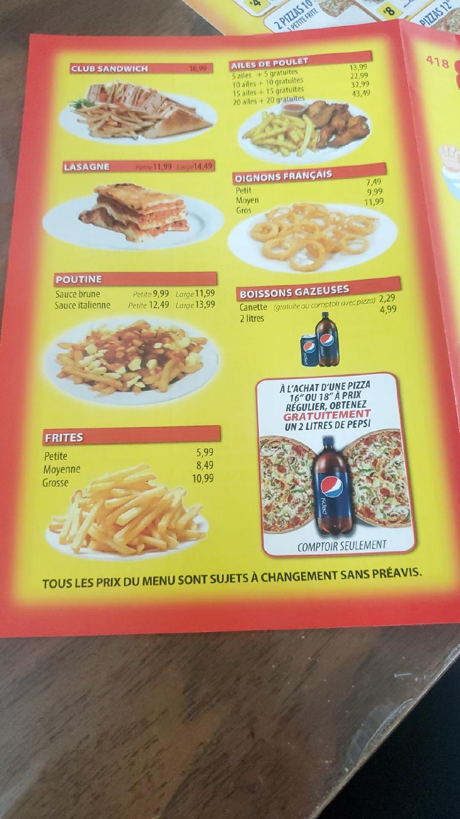Menu au Pizza Rio pizzeria, Québec