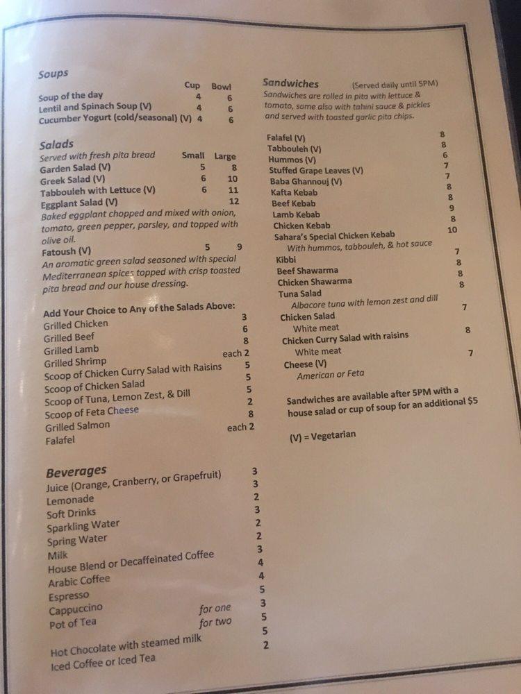 Menu at Sahara Restaurant, Worcester