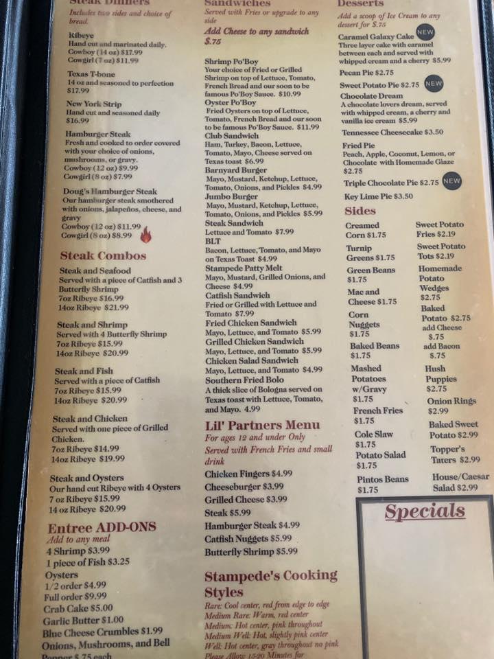 Menu at Stampede Steakhouse, Talladega