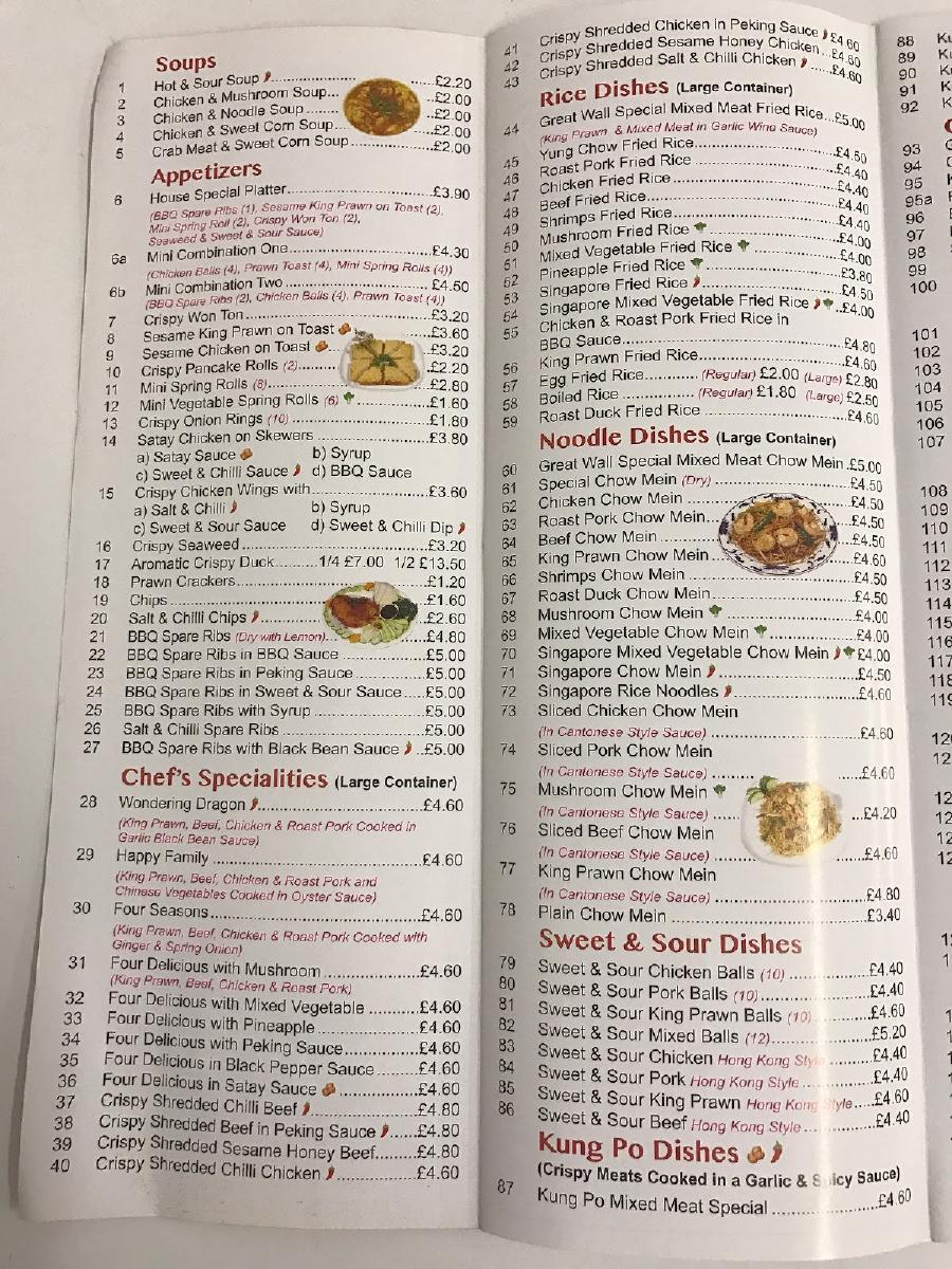 Menu at The Great Wall takeaway (Stanton Hill) fast food, Sutton-in ...