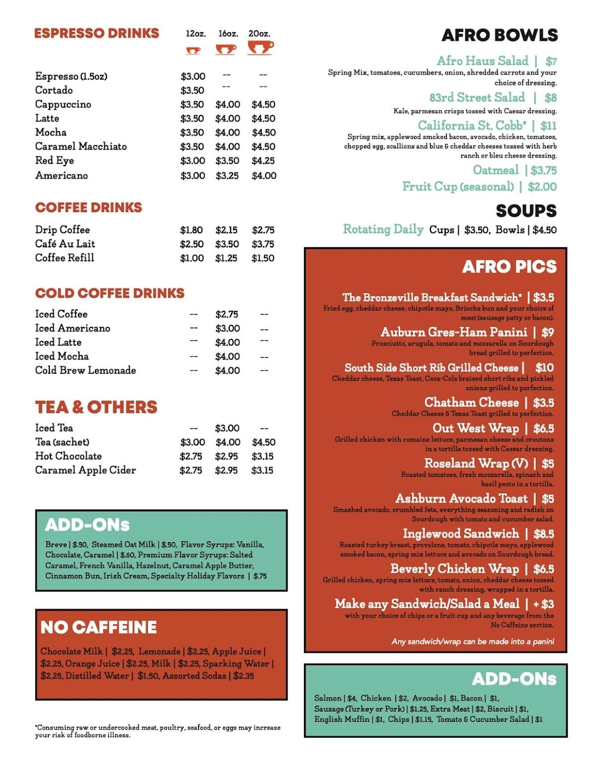 Menu at Afro Joes Coffee & Tea restaurant, Chicago