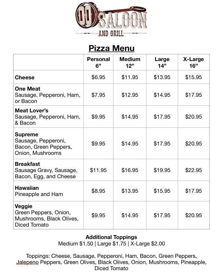 Menu at Double-O Saloon & Grill pub & bar, Monroe Center