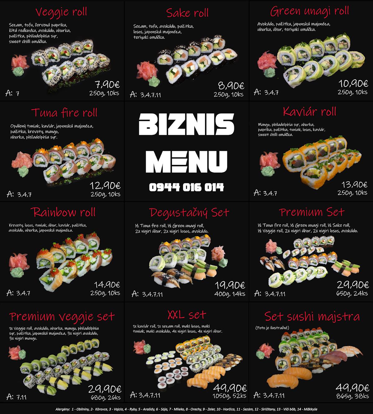 Menu at First Sushi Bar, Prievidza