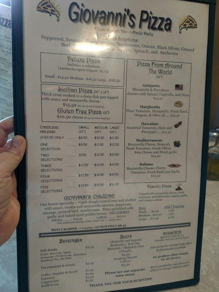 Menu at Giovanni's pizzeria, The Villages