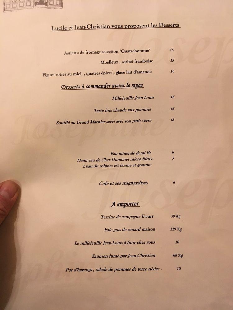 Menu at Joséphine Chez Dumonet restaurant, Paris