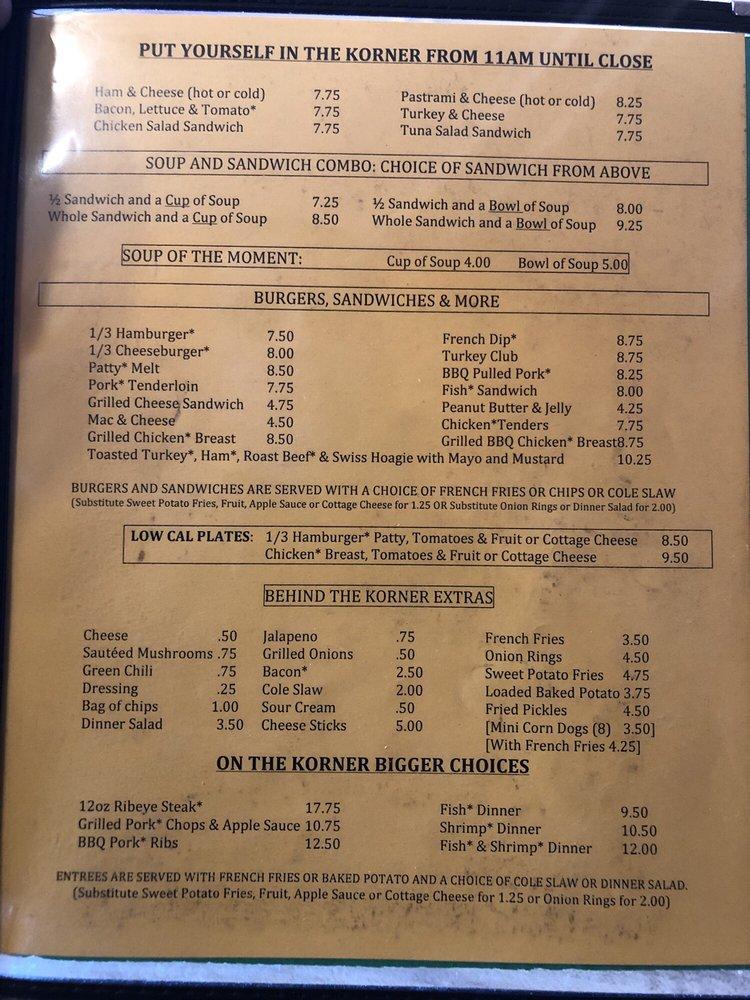 Menu at Korner Cafe, Tucson
