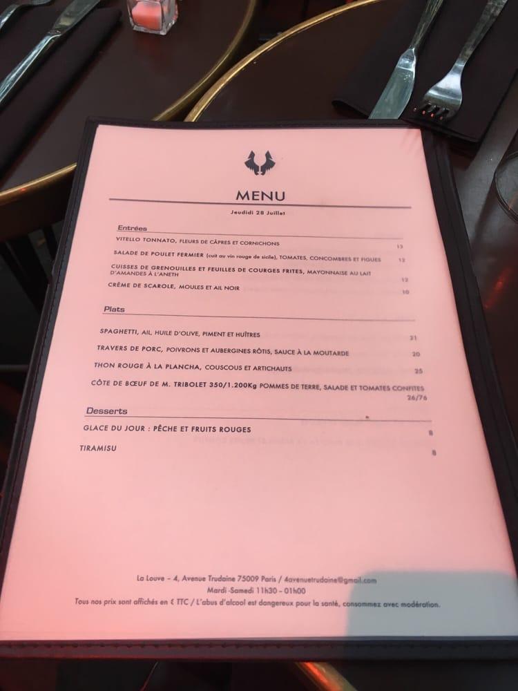Menu at La Louve restaurant, Paris, 4 Av. Trudaine