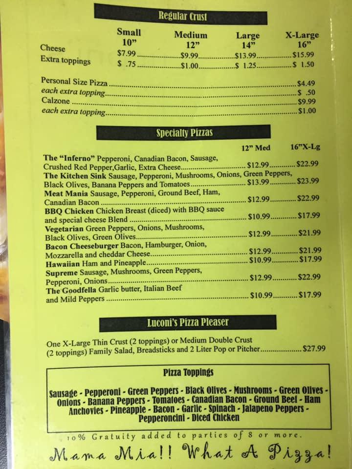 Menu at Luconi's Pizza pizzeria, Bradley