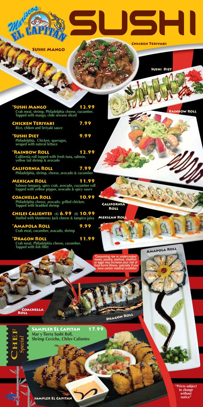Menu at Mariscos El Capitan restaurant, Coachella