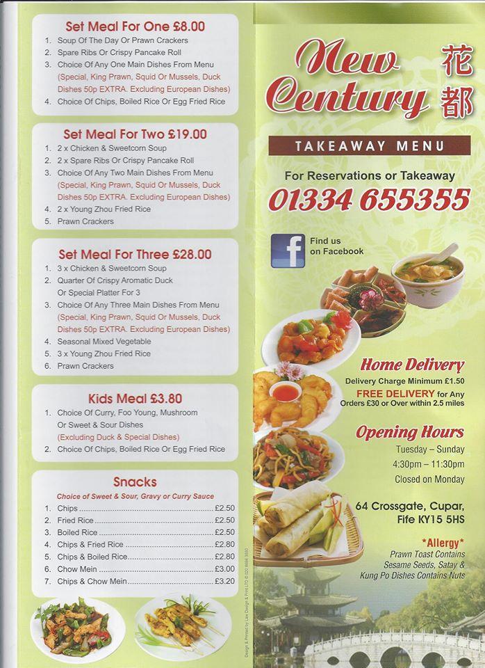 Menu at New Century Chinese Restaurant, Cupar