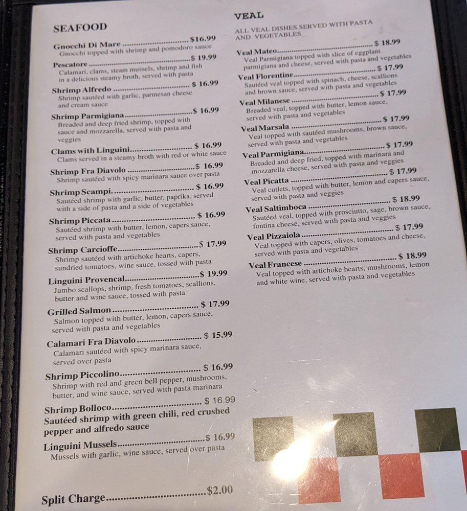 Menu at Piccolino restaurant, Santa Fe